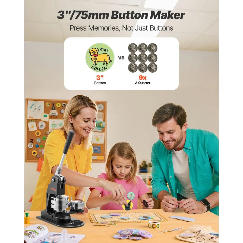 VEVOR 3-Inch Button Maker Machine Kit with 500 Button Parts – Pin & Ba