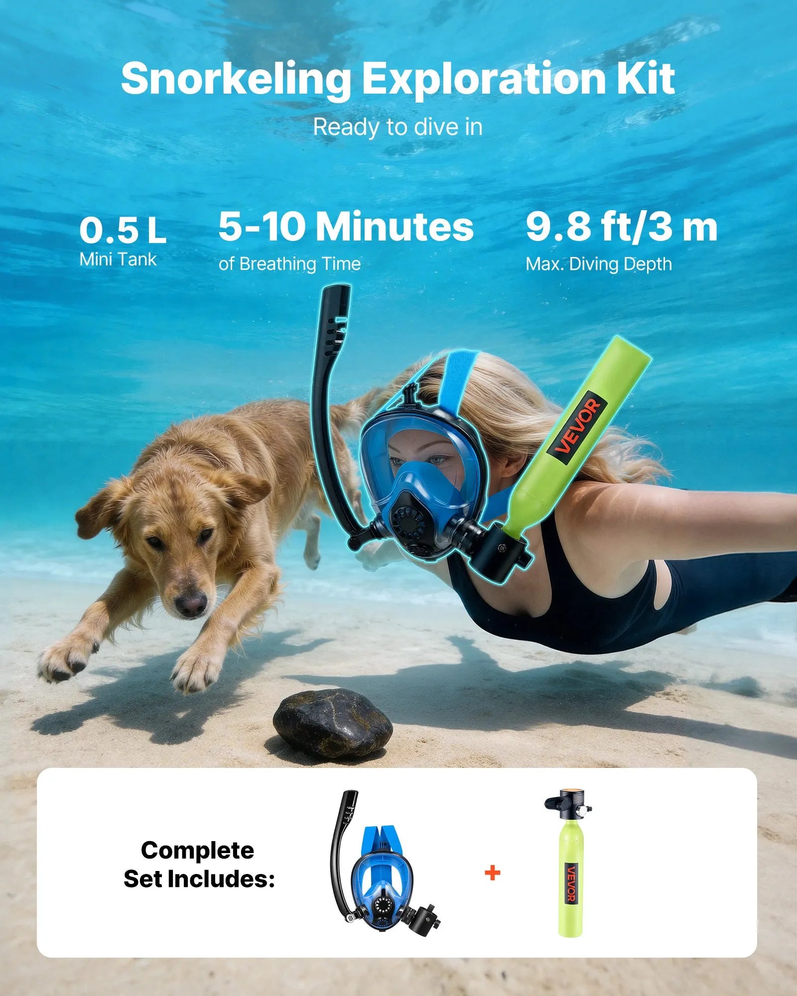 VEVOR Mini Scuba Tank with Full-Face Mask, 0.5L Portable Diving Air Ta